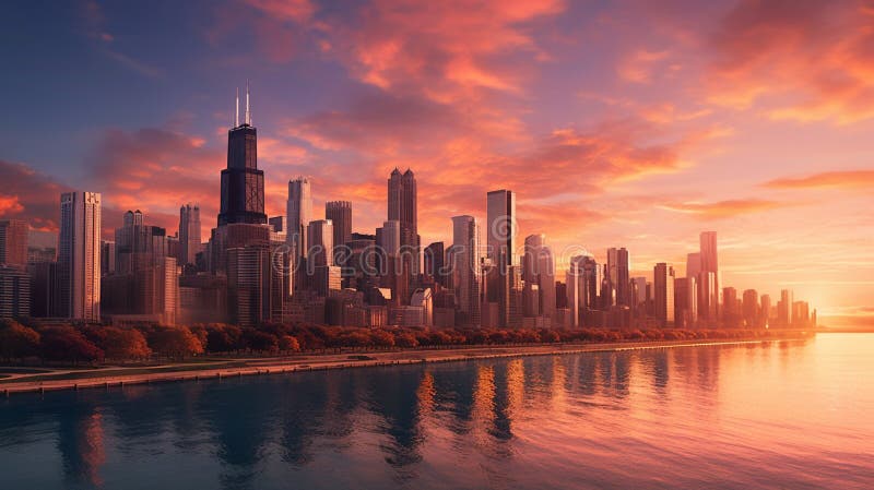 Vibrant Chicago Skyline Scene Stock Illustration - Illustration of ...