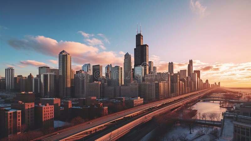 Vibrant Chicago Skyline Scene Stock Illustration - Illustration of ...