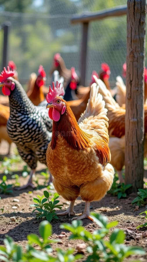Vibrant Chickens Roaming Freely in a Sunny Farmyard Enclosure Stock ...