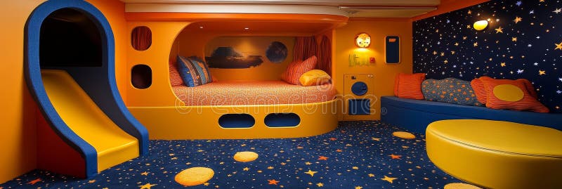 Vibrant Childrens Playroom Slide, Space Theme, and Bold Colors for Fun ...