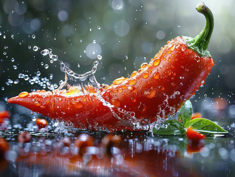 Vibrant CHILI PEPPER Splashing with Water and Ice on Elegant Black ...