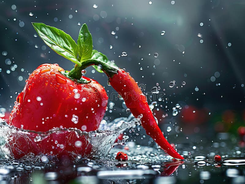 Vibrant CHILI PEPPER Splashing with Water and Ice on Elegant Black ...