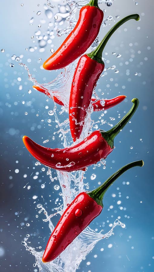 Vibrant Chili Peppers with Water Splash: Vertical Composition Stock ...