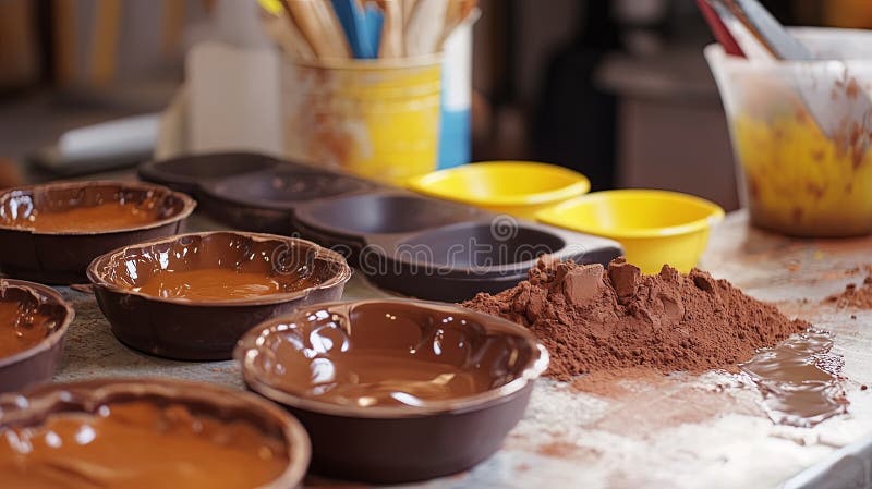 A Vibrant Chocolate Workshop with Molds, Cocoa Powder, and Melted Stock ...