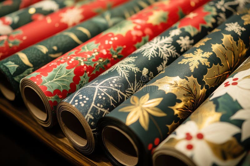 Vibrant Christmas Wrapping Paper Rolls Display in Retail Setting Stock ...