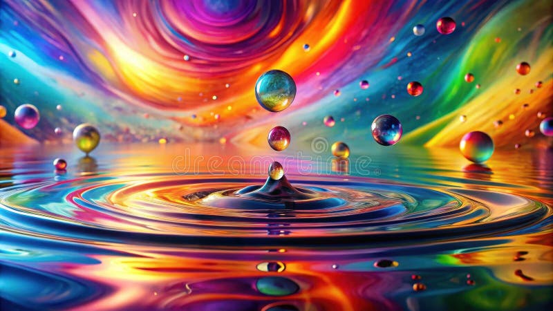 Vibrant Chromatic Spheres Cascade into a Reflective Pool, Creating a ...