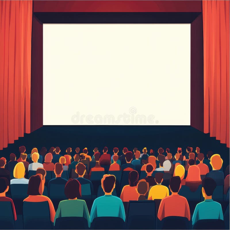 Vibrant Cinema Interior with Audience Facing Large Blank Screen Stock ...