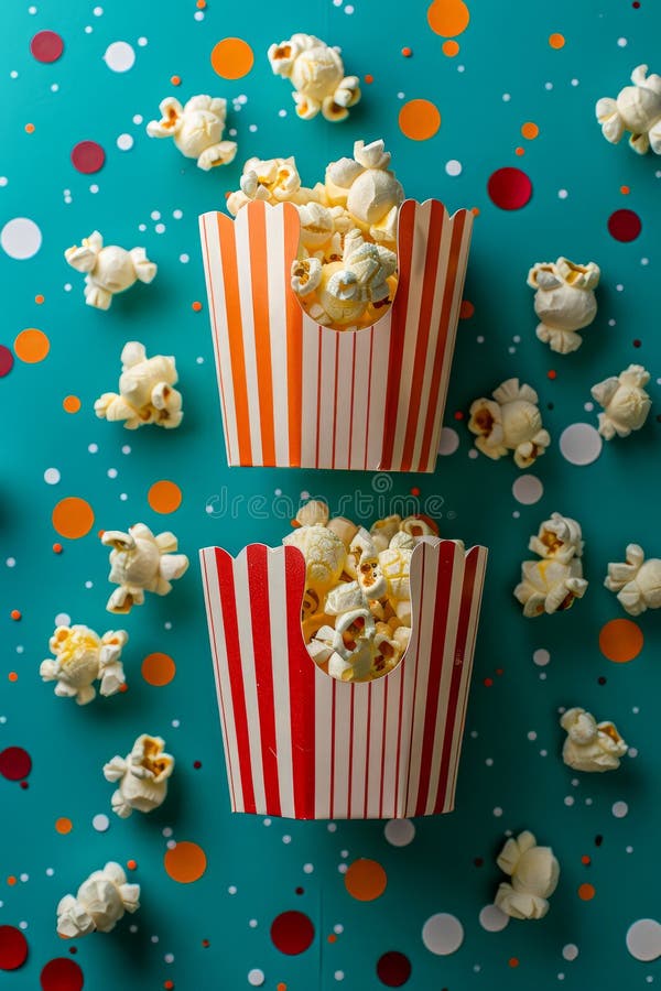 Vibrant Cinematic Popcorn Scene with Striped Boxes Over Blue Background ...