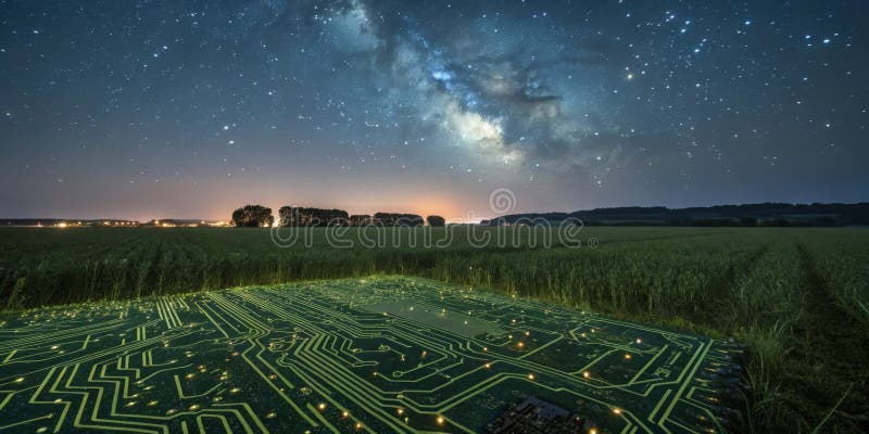Vibrant Circuit Board Design Illuminated Under a Starry Night Sky Over ...