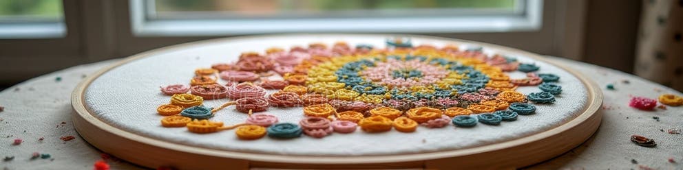 Vibrant Circular Crochet Pattern with Multi-color Yarn on Hoop Near ...