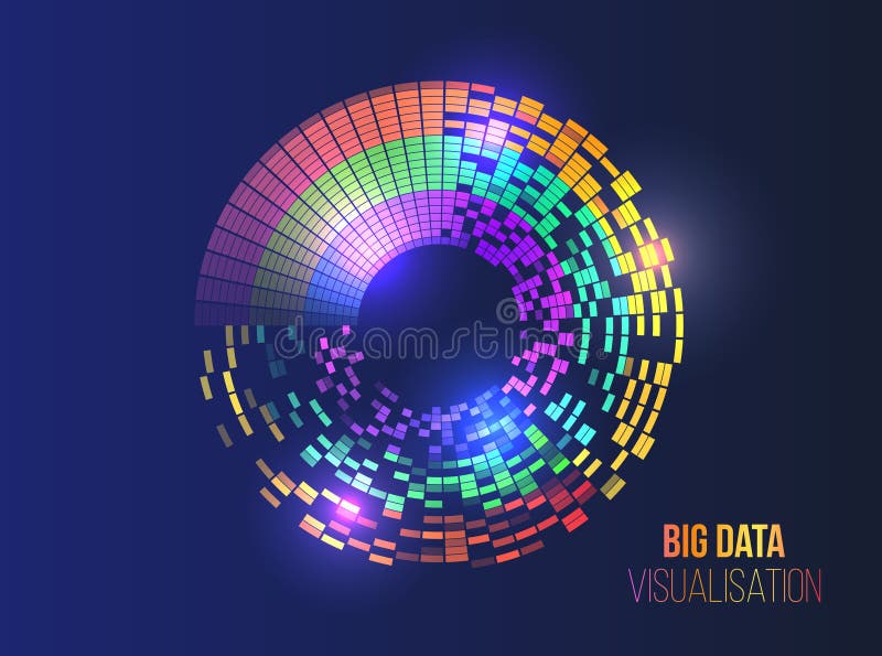 Vibrant Circular Data Visualization with Colorful Pixel Blocks on a Dark Background. Represents ...