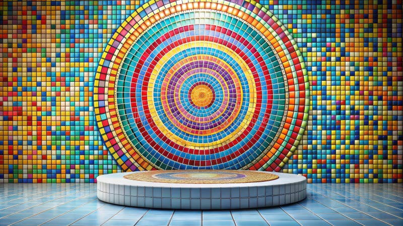 Vibrant Circular Mosaic Tile Wall with a Modern Platform Display ...