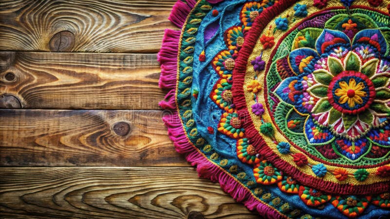 Vibrant Circular Textile Artwork on Rustic Wooden Surface. Generative ...