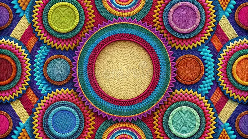 Vibrant Circular Textile Pattern with Central Focus and Multicolored ...