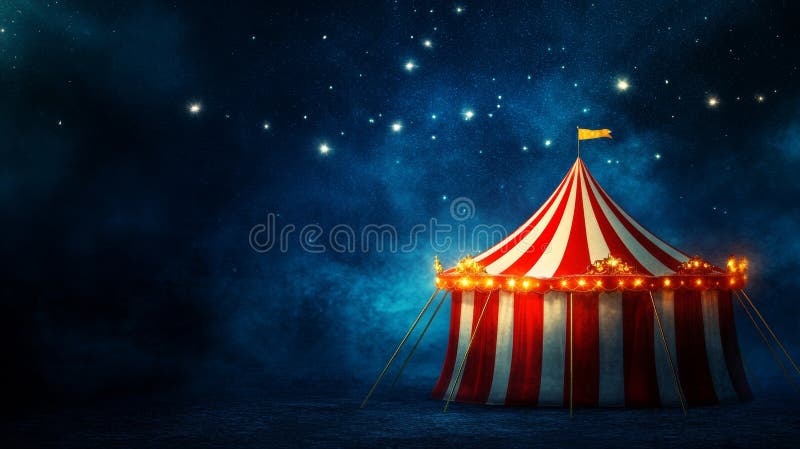 A Vibrant Circus Tent Illuminated at Night with a Deep Blue Backdrop ...