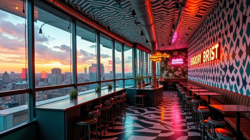 Vibrant City Atmosphere Modern Rooftop Bar Overlooking Sunset Skyline ...