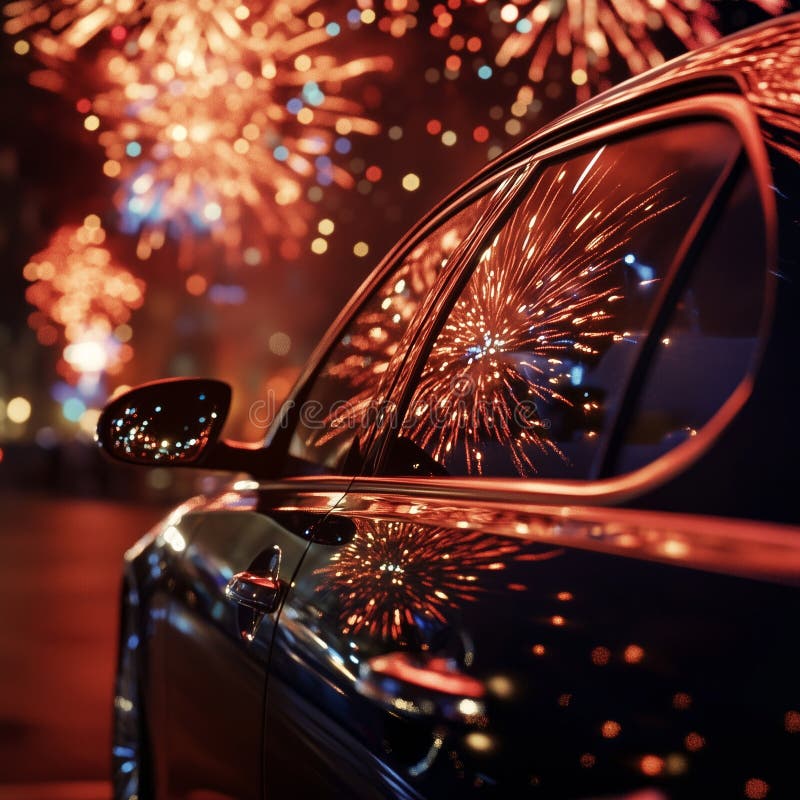 Vibrant City Fireworks Reflected on Shiny Car Surface Stock Image ...