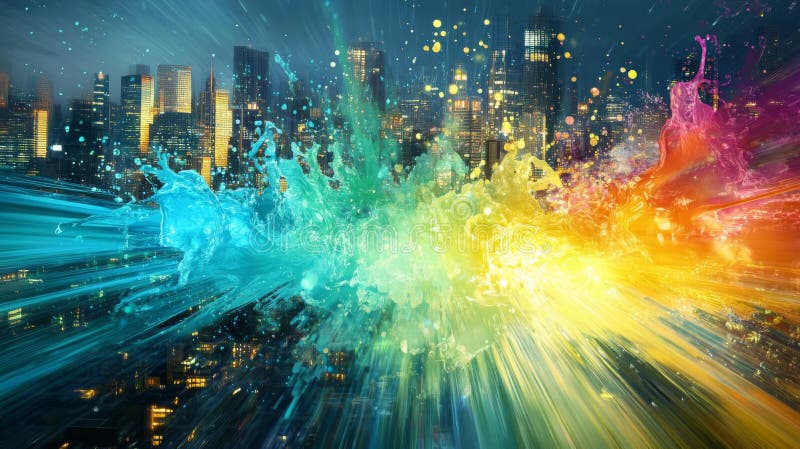 Vibrant City Night Explosion with Colorful Paint Splatter Stock ...