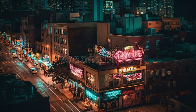 Vibrant City Nightlife, Glowing with Illuminated Buildings Generated by ...