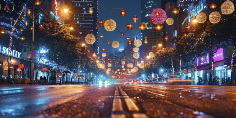 Vibrant City Nightlife with Illuminated Lanterns and Streetscape Stock ...