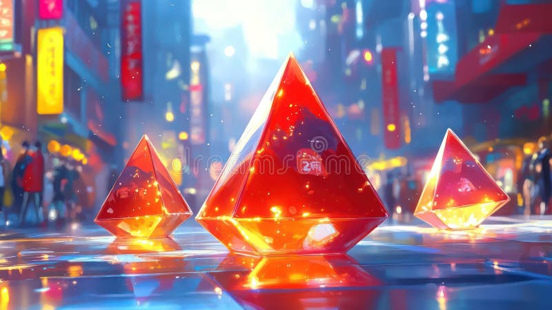 A Vibrant City Scene Featuring Glowing Red Pyramids on a Reflective ...