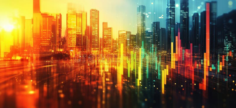 Vibrant City Skyline Abstract Financial Data Visualization Sunset Glow ...