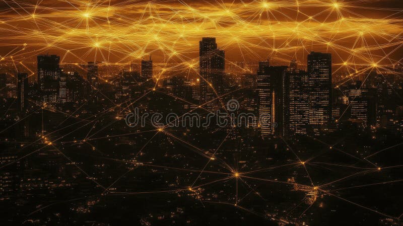 City Skyline at Dusk with Glowing Orange Network Lines Stock ...