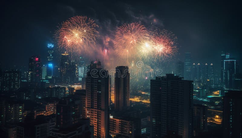 Vibrant City Skyline Explodes with Colorful Fireworks at Night ...