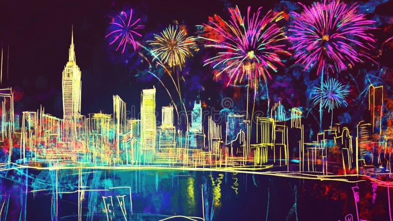 Vibrant City Skyline Fireworks Display Artistic Chalk Sketch Stock ...