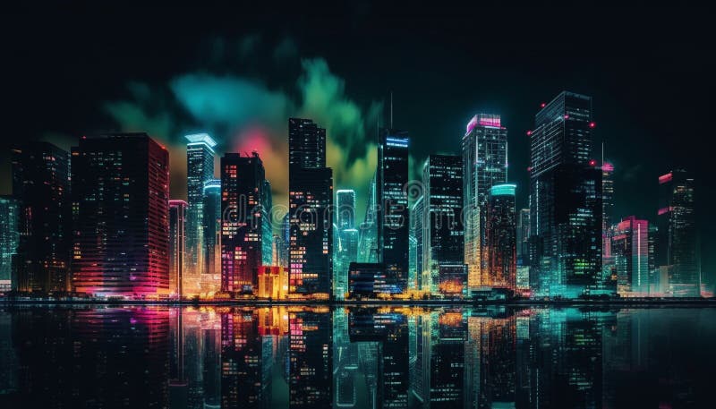 Vibrant City Skyline Glows with Multi Colored Lights at Night Generated ...