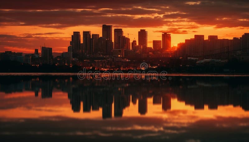 The Vibrant City Skyline Glows in the Multi Colored Sunset Generated by ...