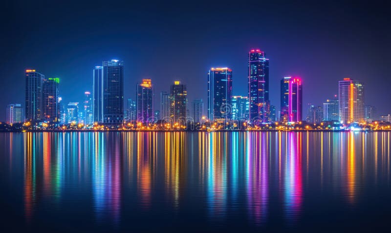 Vibrant City Skyline at Night with Colorful Reflections on Water ...