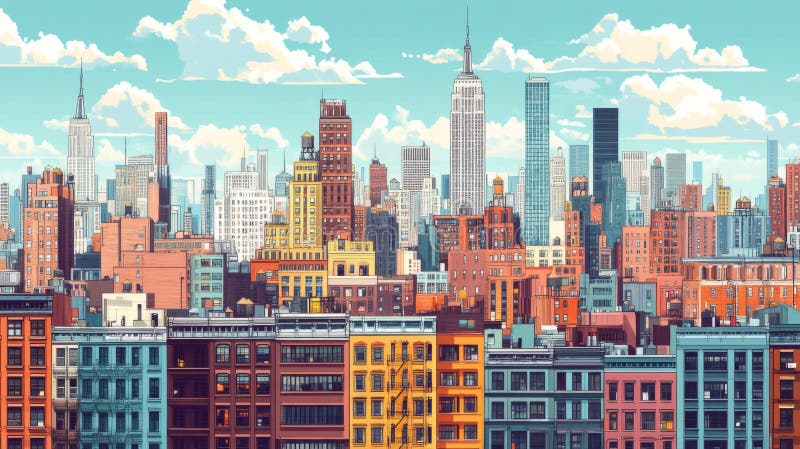 Vibrant City Skyline Pixel Art Stock Illustration - Illustration of ...