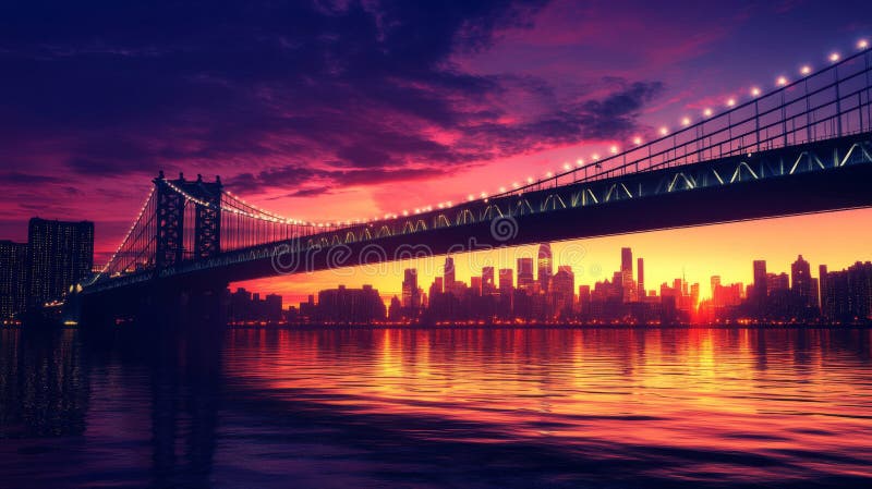 Vibrant City Skyline at Sunset with Illuminated Bridge Stock ...