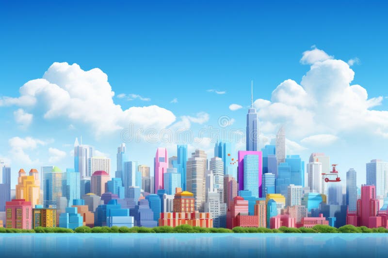 Vibrant City Skyline Under a Clear Blue Sky Stock Illustration ...