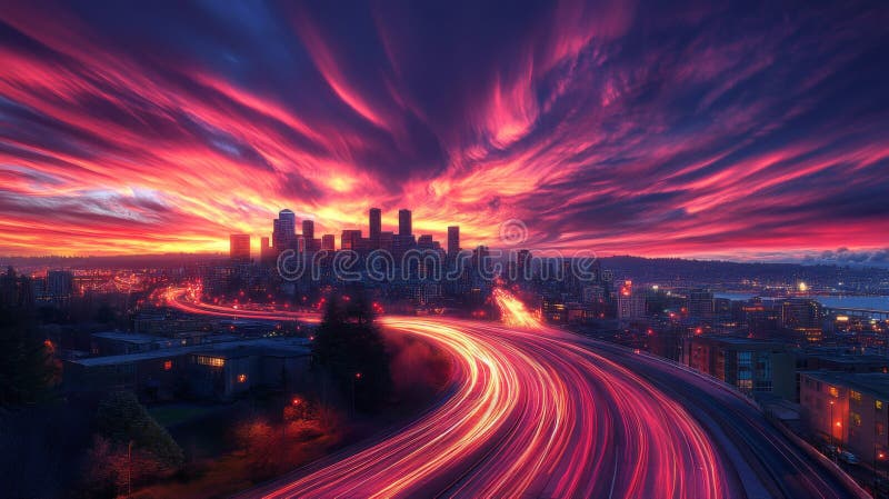 Vibrant City Sunset with Highway Light Trails Stock Illustration ...