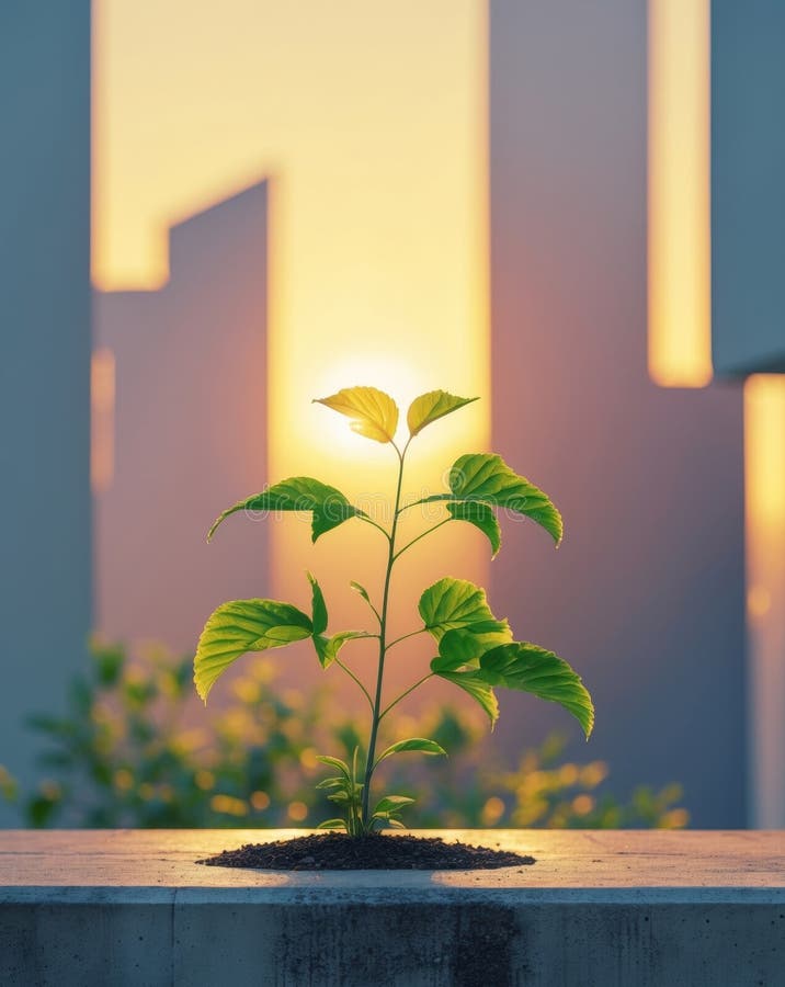 Vibrant Cityscape with Growing Plant at Sunset. Stock Photo - Image of ...