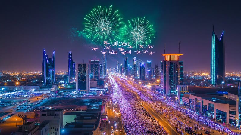 Vibrant Cityscape Night Fireworks Large Crowd Celebrating Event Stock ...