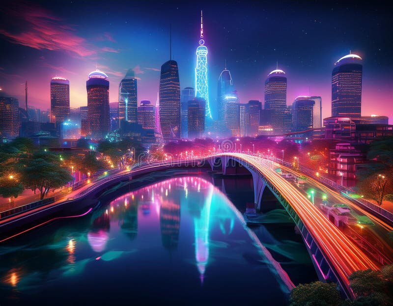 Vibrant Cityscape at Night with Illuminated Bridges and Reflective ...