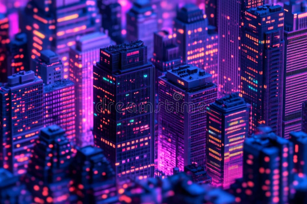 Vibrant Cityscape at Night with Neon Colors and Complex Glowing ...