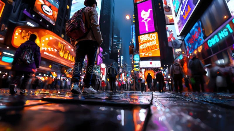 Vibrant Cityscape at Night with Neon Lights and Diverse Urban Activity ...