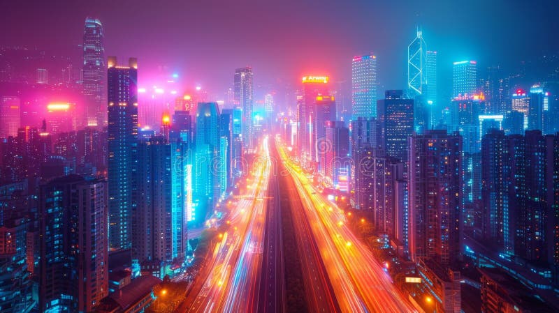 Vibrant Cityscape at Night with Neon Lights - Generative Ai Stock ...
