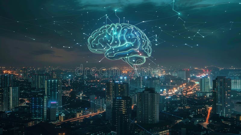 A Vibrant Cityscape at Night Overlaid with Neon Digital Brain and ...