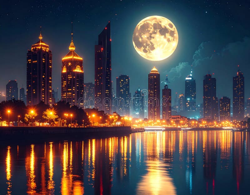 Vibrant Cityscape at Night Under Full Moon with Reflected Golden Lights ...