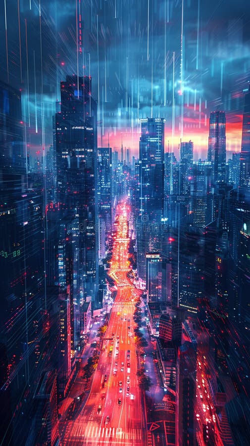 Vibrant Cityscape Powered by Online Services and Interconnected Data ...