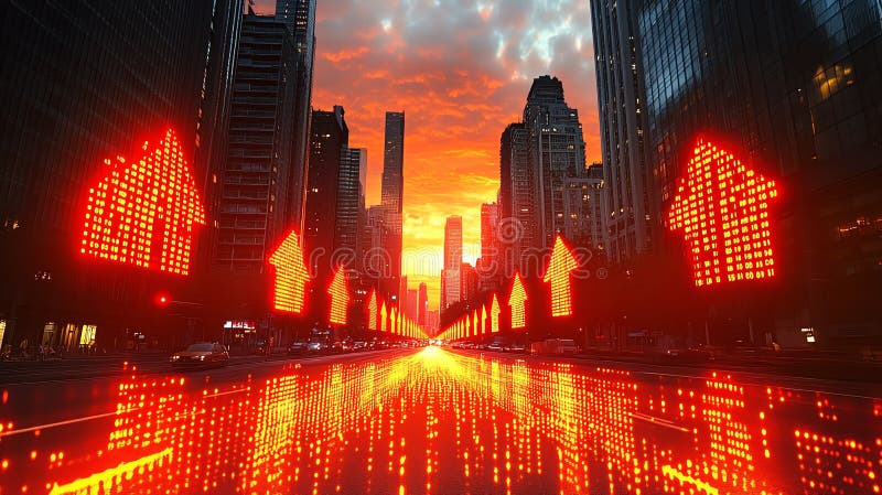 A Vibrant Cityscape at Sunset with Illuminated Arrows Guiding the Way ...