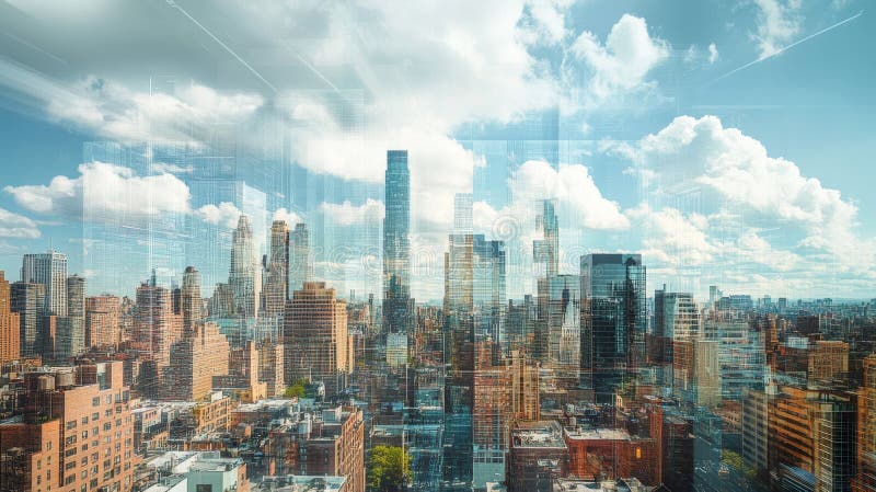 Vibrant Cityscape with Transparent 3D Overlays in Urban Setting Stock ...