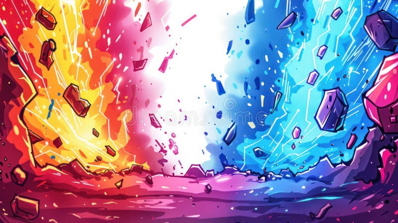 A Vibrant Clash of Red and Blue Energies with Flying Debris, Suggesting ...