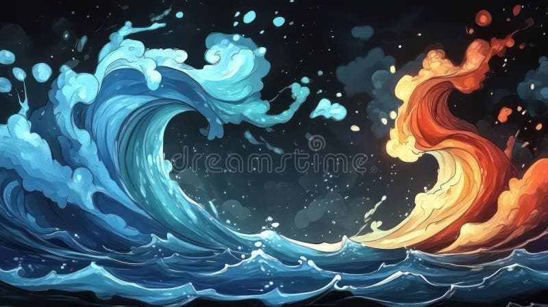 A Vibrant Clash of Water and Fire Waves, Showcasing Elemental Contrast ...