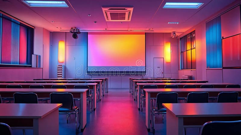 A Vibrant Classroom Setup with Illuminated Screens and Seating in an ...